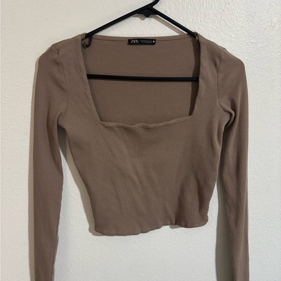 Zara | Tops | Zara Tan Long Sleeve Fitted Crop Bodysuit | Poshmark